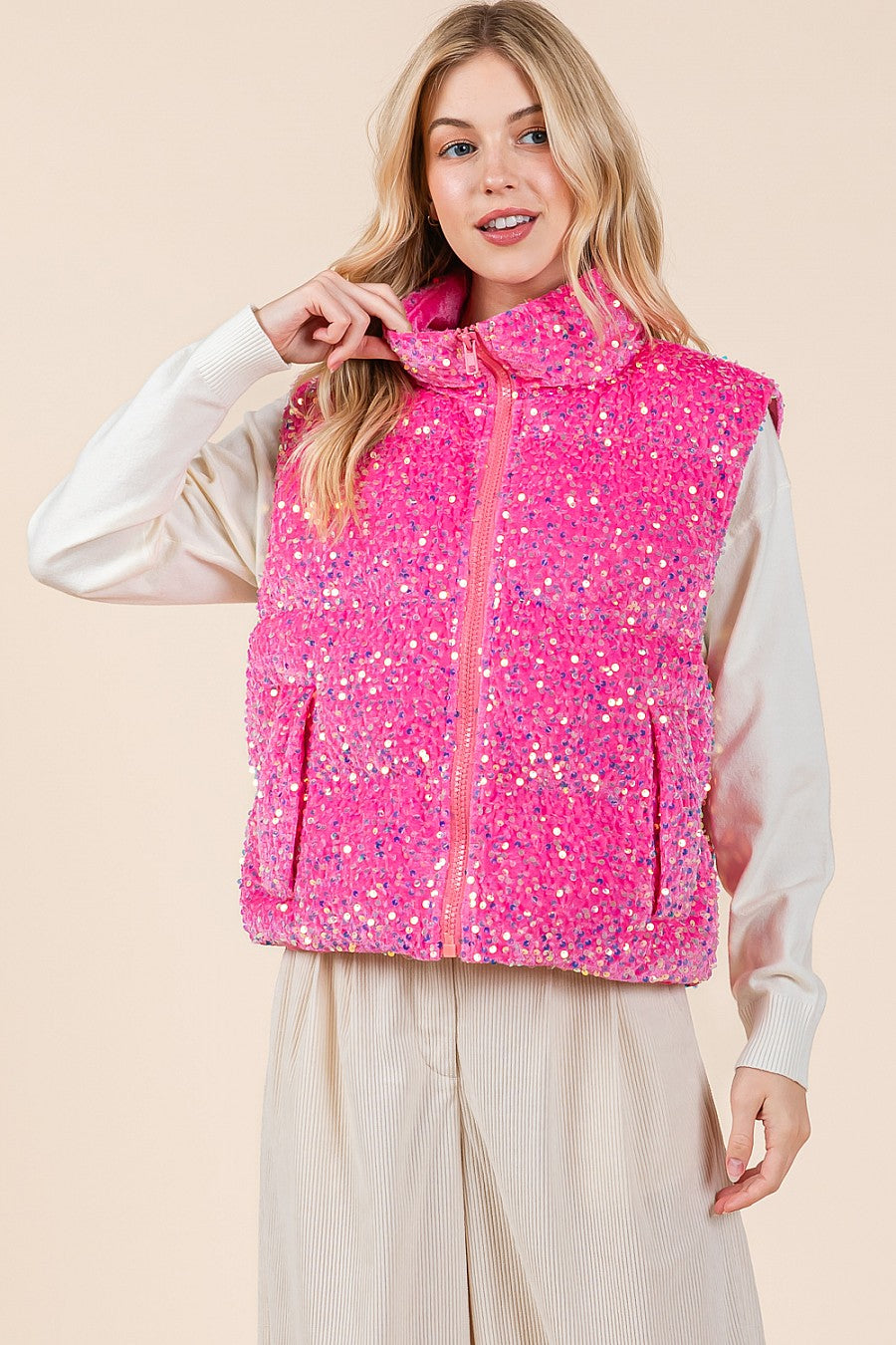 Pink Sequin Puffer Vest – All Boujee Boutique